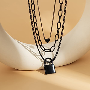 Inactwin Stacked Necklaces for Women Black Lock Chains Heart Grunge Layered Necklace Aesthetic Pendant Multilayer Choker