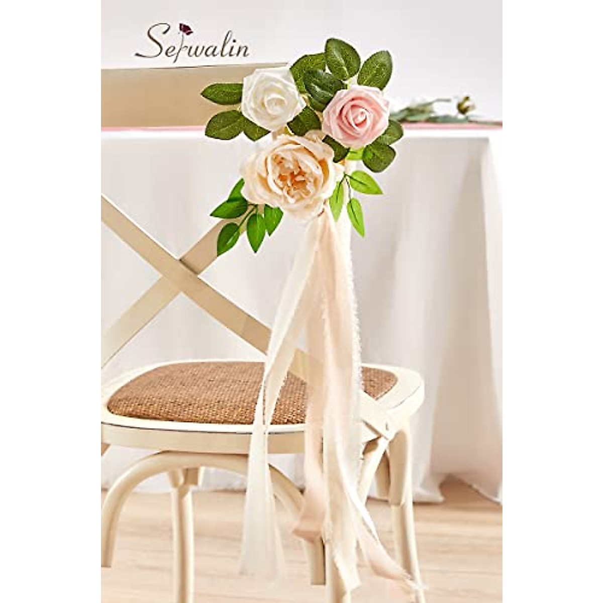 Serwalin 4 Rolls Handmade Fringe Chiffon Silk Ribbon 1.5" x 7Yd Gauze Frayed Edges Nude & White Ribbons Set 28 Yards for Gift Wrapping, Wedding Invitations, Bridal Bouquets,DIY Crafts Decor