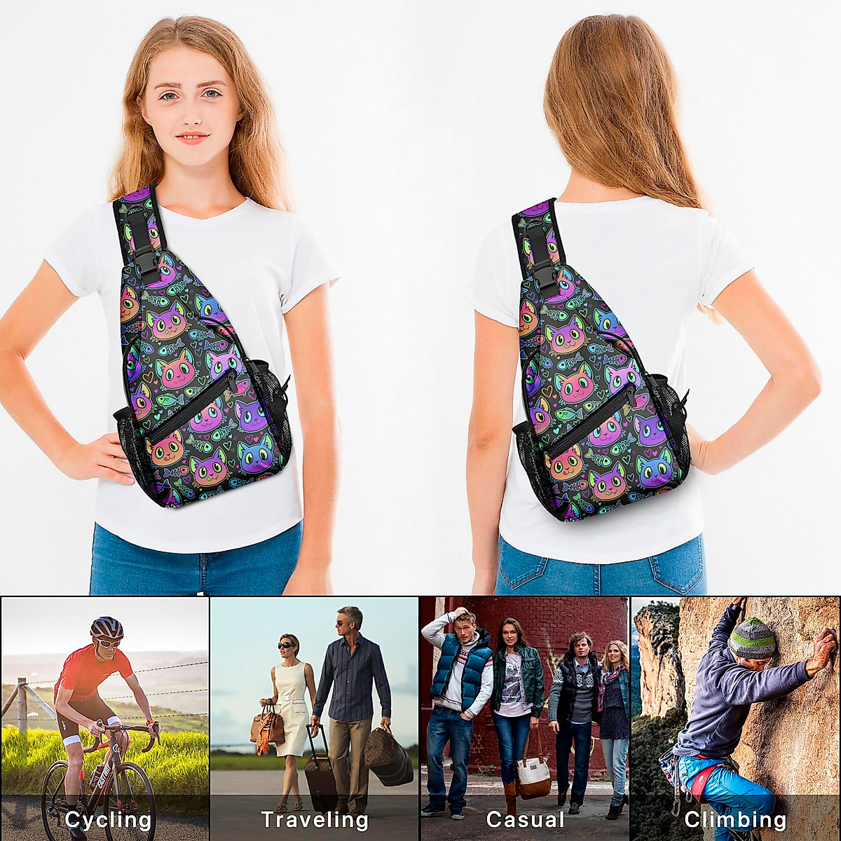 Cat Sling Bag Travel Crossbody Backpack Shoulder Pack Chest Hiking Daypack for Women Men with Strap Adjustable Lightweight Outdoor Walking Running Climbing