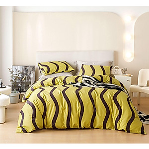 SUSYBAO Queen Size Duvet Cover 100% Cotton Yellow Green Striped Duvet Cover 3 Pieces Set 1 Brown Wavy Stripe Duvet Cover with Zipper Ties 2 Pillowcases Soft Vintage Aesthetic Geometric Bedding