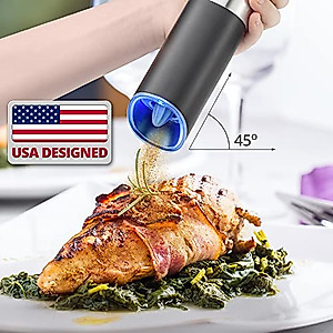 Mata1 Electric Spice Grinder (Black & Silver), Automatic Gravity Salt & Pepper Mill, Refillable w/Adjustable Coarseness, Stainless Steel Battery Operated Electronic Seasoning Grinder