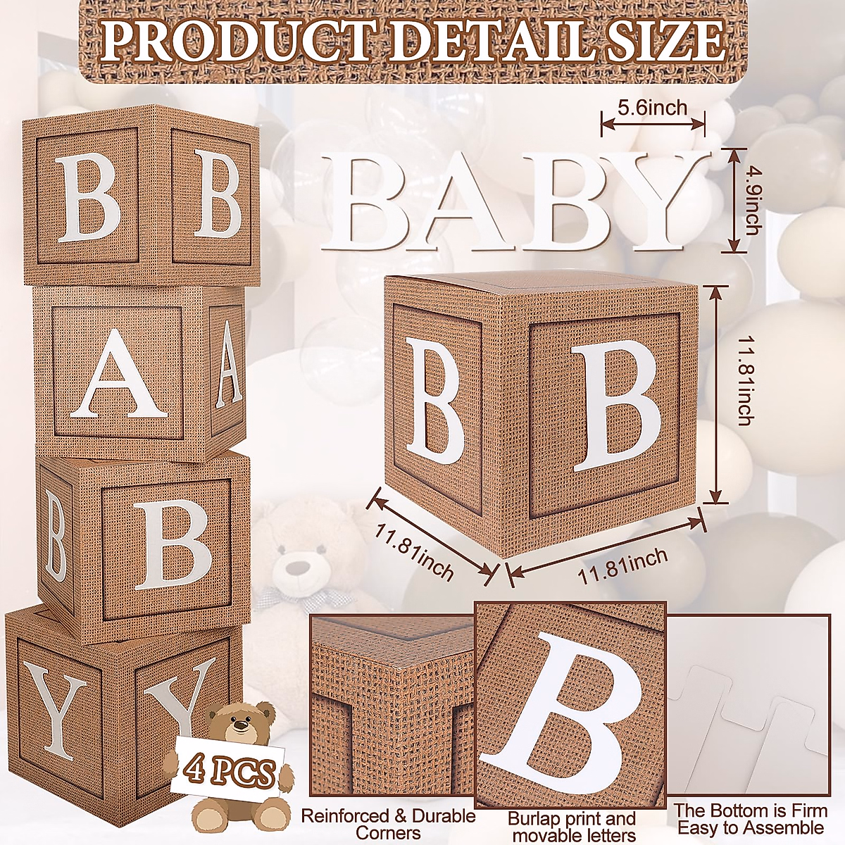 Keencopper Burlap Print Baby Boxes with Letters for Baby Shower, 4pcs Rustic Theme Boho Balloon Boxes Blocks Gender Neutral Baby Shower Decorations for Birthday Gender Reveal Backdrop