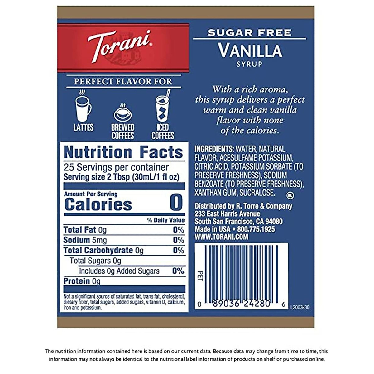 Torani Sugar Free Vanilla Syrup for Coffee 25.4 Ounces for Vanilla Flavored Syrup with Fresh Finest Syrup Pump Dispenser