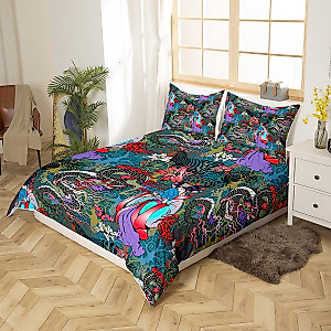 Dragon Duvet Cover King Japanese Style Exotic Bedding Sets Animal Pattern Plant Floral Decor Comforter Cover Asian Culture Theme Bedding with Zipper Ties Soft Luxury Duvet Cover for Adult Women Girls
