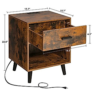 Quimoo Nightstand Set of 2 with Charging Station. Bedside Table with 1 Drawer and 1 Open Storage Space for Bedroom, Rustic Brown