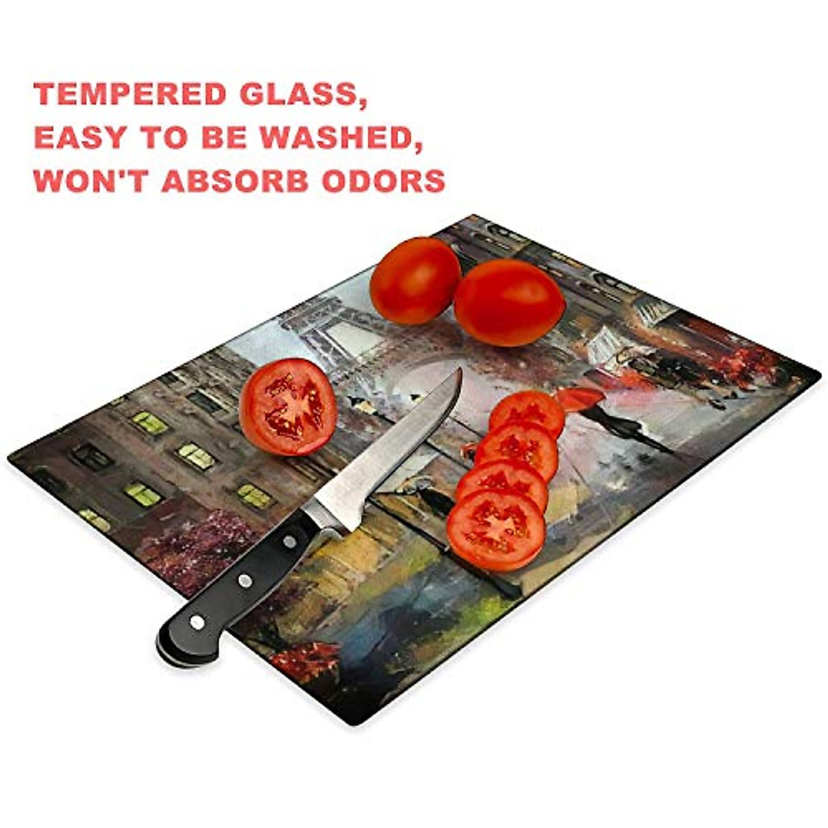 Tempered Glass Cutting Board oil painting on canvas street view of Paris Artwork eiffel tower Tableware Kitchen Decorative Cutting Board with Non-slip Legs, Serving Board, Large Size, 15" x 11"