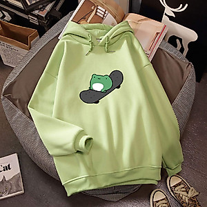 KEEVICI Women's Cute Sweatshirts Frog Skateboard Long Sleeve Casual Hoodie Pullover Tops (Green,Asian L)