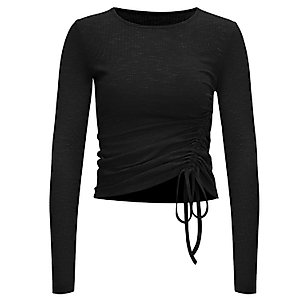 Yoga Tops Long Sleeve for Women Fitted Side Ruched (Black,M)