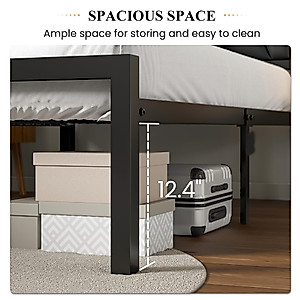 SHA CERLIN Modern Full Size Metal Bed Frame with Litchi Grain Leather Upholstered Headboard, No Box Spring Needed, 12.4" Underbed Storage, Black