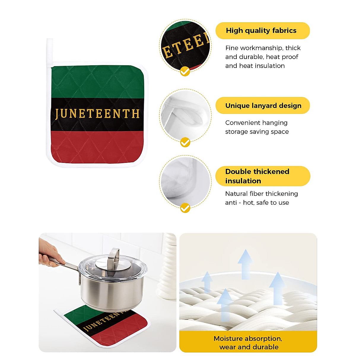 5Pack Pot Holders Cotton Heat Resistant Oven Hot Pads, American Juneteenth Potholder Machine Washable Cloth Potholders for Daily Kitchen Baking and Cooking with Hanging Loops - Red Black Green Stripe