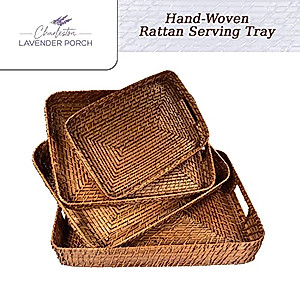 CHARLESTON LAVENDER PORCH Rattan Serving Tray Hand-Woven Rectangle with Handles | Naturally Beautiful Display for Breakfast, Snacks, Tea, Coffee Table or Ottoman | Genuine High Wall Wicker Basket