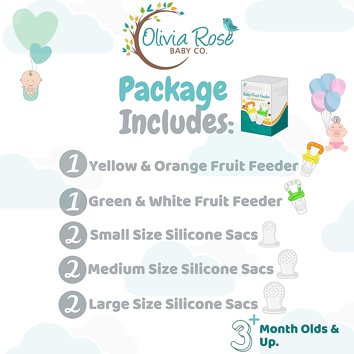 Baby Fruit Feeder Pacifier (2 Pack), Fresh Food Feeding Teether for Toddler, BPA Free, Soothing Gum Relief, Infant Silicone Teething Toy, Includes All The Sizes of The Silicone Nipple Pouches