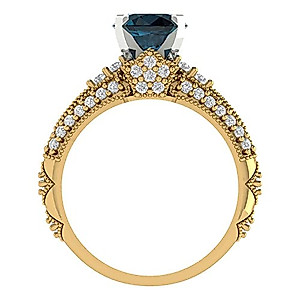 Clara Pucci 2.07ct Round Cut Pave Solitaire with Accent Natural London Blue Topaz Statement Bridal Ring Band Set 14k 2 Tone Gold 8.5