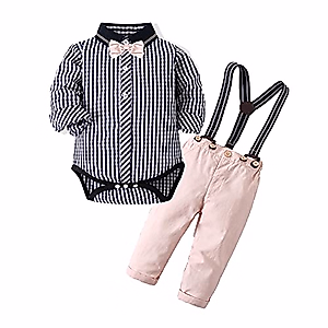 Kimocat Baby Boys Gentleman Outfits Suits Long Sleeve Shirt Suspenders Pants Bow Tie Clothes Set