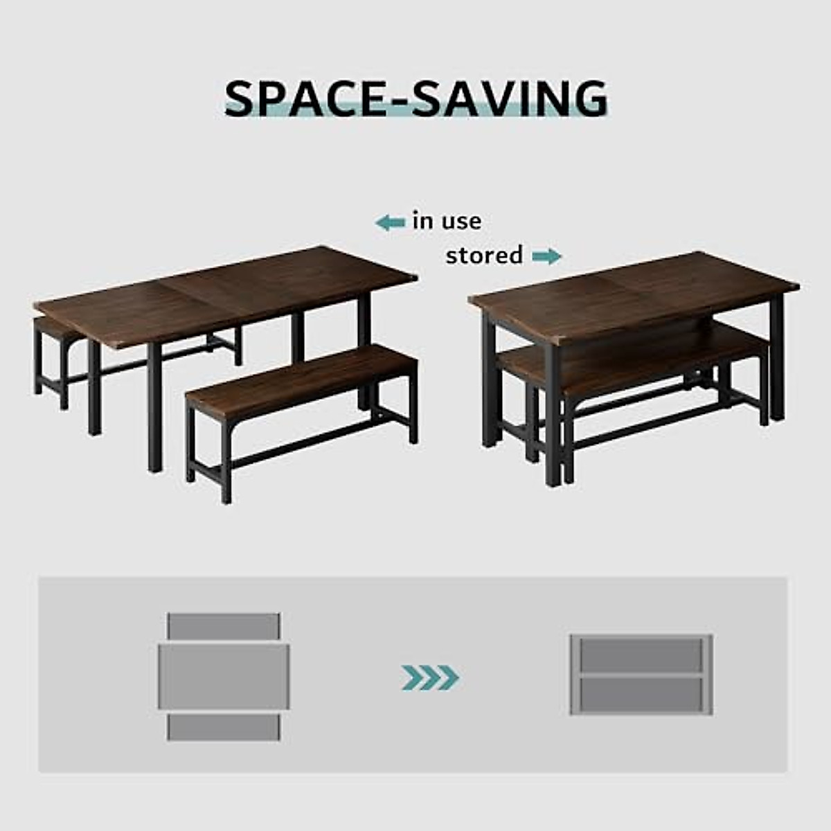 iPormis 3 Pcs 63" Dining Table for 4-6, Extendable Dining Room Table with 2 Benches, Mid Century-Modern Kitchen Table Set for Small Space, Easy Clean, Espresso