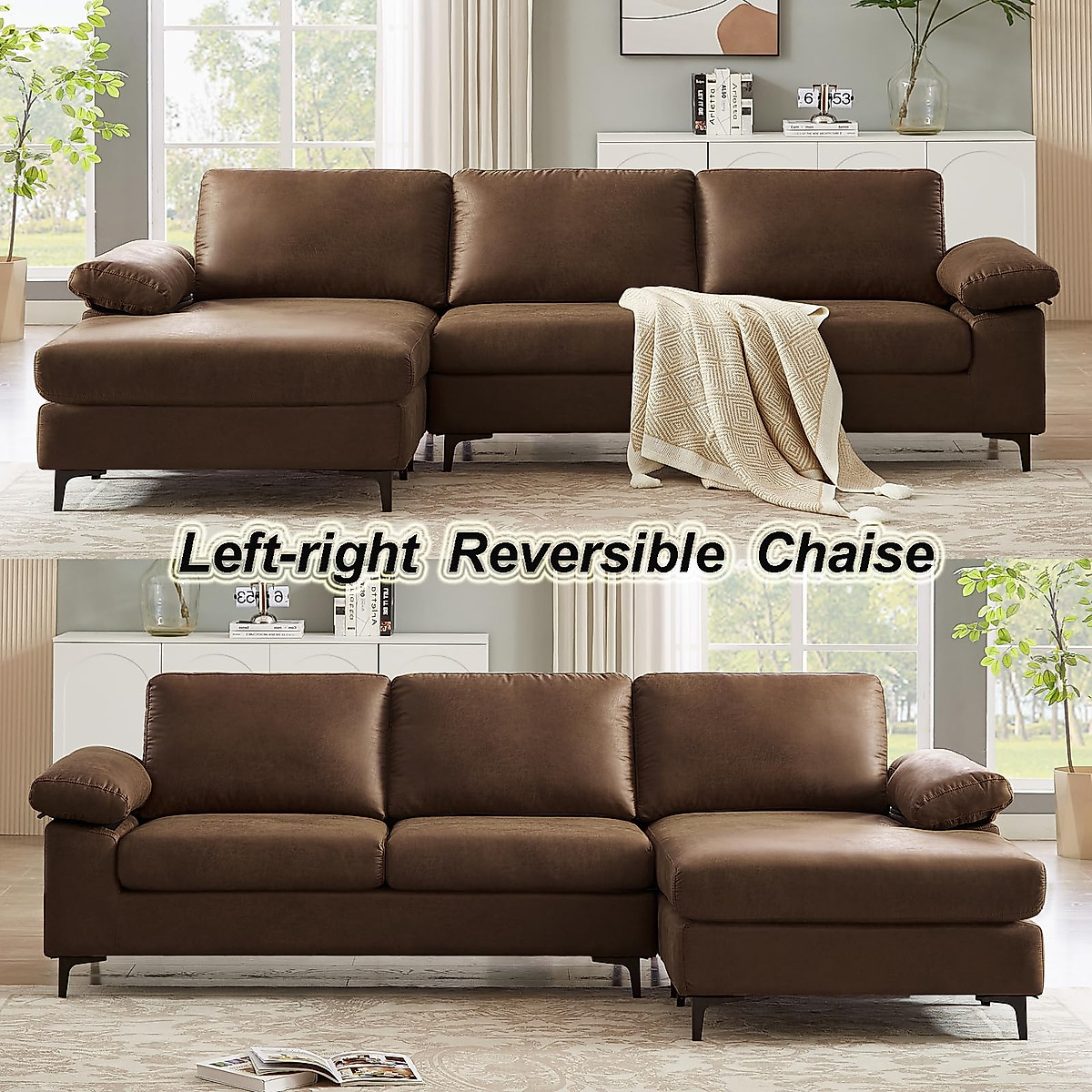 100.8" Sectional Sofa,Faux Leather Couch with Reversible Chaise,Mid-Century L Shaped Sofa Couch for Living Room, Apartment,Office (Dark Brown, Sofa with Chaise)