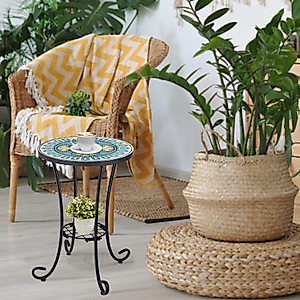 VCUTEKA Outdoor Side Table Mosaic Patio Table Accent Table Mosaic Tile Top Metal Frame Small End Table Porch Beach Patio Garden Balcony Green 14''