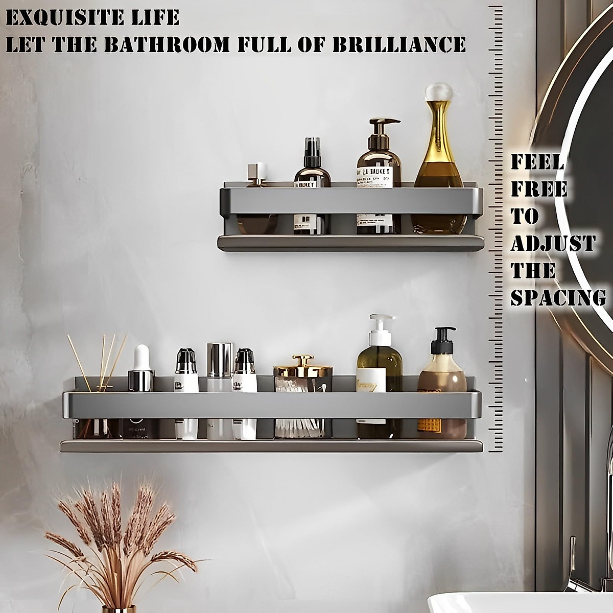 YuShiYan Nail-Free or Drilling Stainless Steel Detachable Floating Wall Mounted Shelves for Kitchen, Bathroom, Baking Paint Process, Corrosion and Rust Resistant, Set of 1 Gray