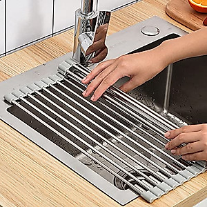 Vseegrs Roll Up Dish Drying Rack (17" L x 16" W), Over Sink Dish Drying Rack, Foldable Stainless Steel Dish Drying Rack, Rolling Srying Rack for Sink Counter (Gray)
