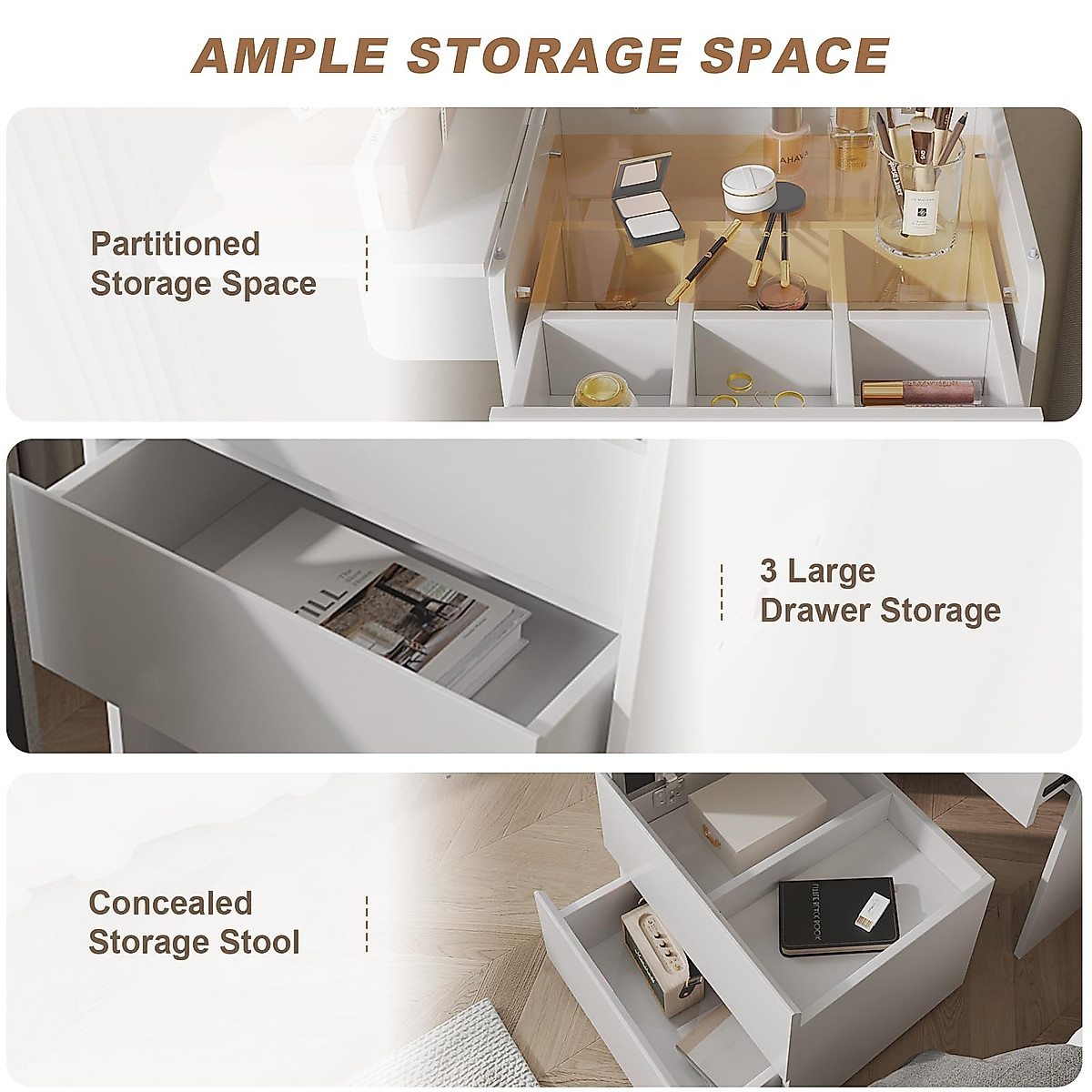 HIMAmonkey Small Makeup Vanity with Mirror and Lights, 3-in-1 Vanity Desk with 3 Drawers, Corner Vanity Set with Soft Stool, Compact Dressing Table for Living Room/Bedroom-19.7in/White