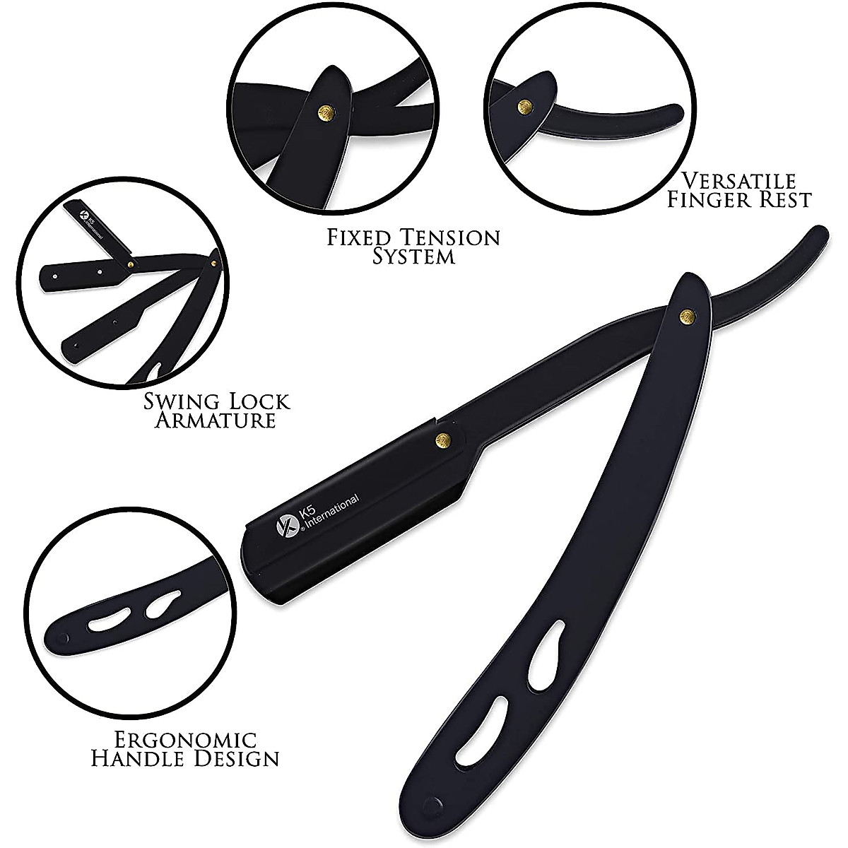 K5 International Barber Straight Razor Professional with 20 Blades + Leather Pouch, Straight Edge Razors For Men and Women Stainless Steel Cut Throat Shavette Razor