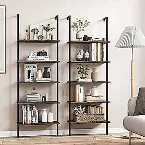 Tangkula 5-Tier Bookshelf, Modern Wall Mounted Ladder Shelf, 5 Tiers Wood Wall Open Bookcase with Metal Frame, Home Office Display Rack Storage Shelves for Collection, Plant Flower Stand (2, Brown)