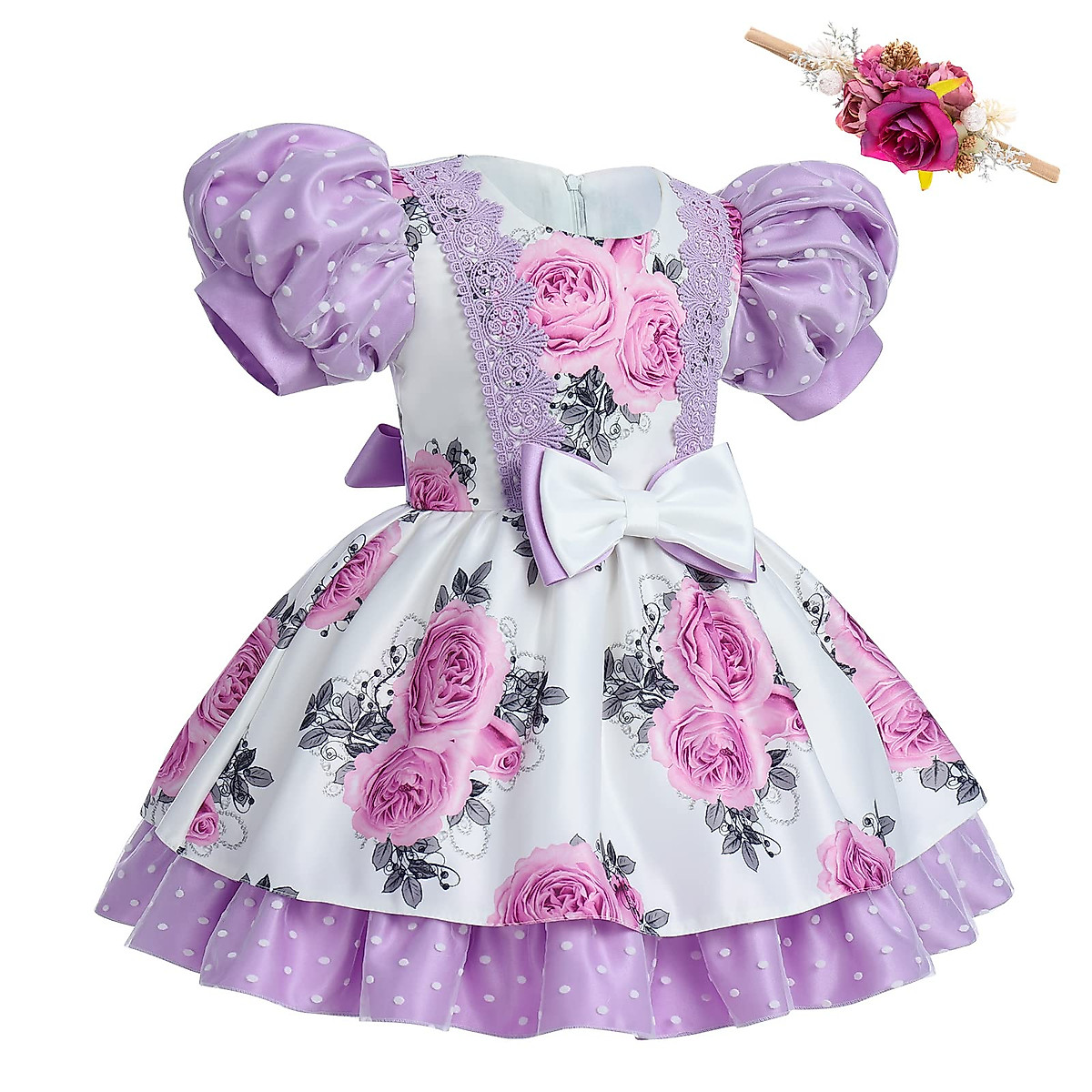 Girls Flower Puff Sleeve Dress 2PCS Pageant Princess Summer Dresses with Floral Headband Front Bowknot Wedding Birthday Dress Up Clothes Baby Girl Christening Baptism Outfits Purple 6-12 Months