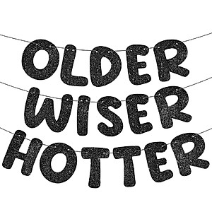 Fulmoon Set of 3 Pre Strung Older Wiser Hotter Glitter Banner Funny Birthday Banner for Women 30th 40th 50th 60th 70th 80th Birthday Party Decorations Birthday Sign Birthday Gift (Black)