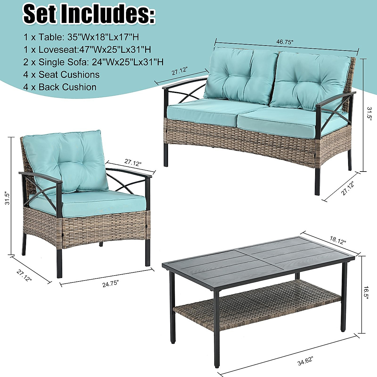 YIORTWO 4 Piece Patio Furniture Set Outdoor Conversation Furniture Sets, Wicker Patio Sectional Furniture with Waterproof Cushions and Coffee Table for Garden Poolside Balcony Porch, Blue