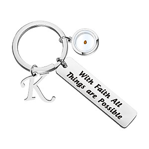 ENSIANTH Faith Mustard Seed Gift with Initial Letter With Faith All Things Are Possible Keychain Christian Inspirational Gift Religious Jewelry (K)