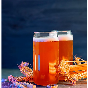 Huge Estate 20 oz Drinking Glass Cups Can Shaped - Set of 2 with 4 Glass Reusable Straws and Bamboo Lids for Iced Coffee Boba Tea Cocktails Beer Wine Water Dessert Glasses Pack of 2 Ideal Gift