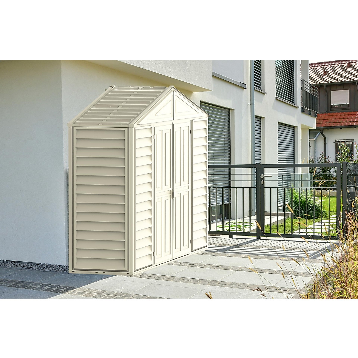 Duramax SidePro 10.5 Ft. x 3 Ft. Vinyl Garden Storage Shed | Made of Fire Retardant PVC Resin, All-Weather, Waterproof Outdoor Solution, Store Bikes, Tools, BBQ, Home Gym | Strong Metal Roof Structure