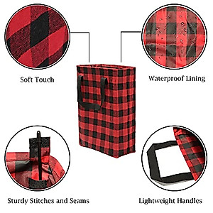Collapsible Laundry Hamper Basket Freestanding Storage Basket Tall Slim Dirty Clothes Hamper with Detachable Brackets, Red Black Grid, Medium