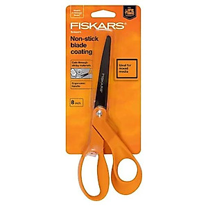 Fiskars Non-Stick Bent Handle Right Handed Pointed Scissors, 8 Inches, Orange