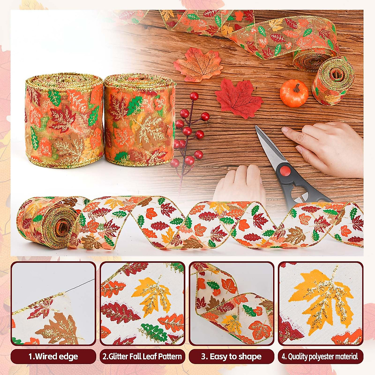 2 Rolls Fall Wired Ribbon Autumn Maple Leaves Organza Glitter Ribbons Thanksgiving Orange Decorative Craft Ribbon for Gift Wrapping Bow Wreath Making DIY Fall Party Decoration