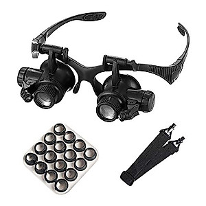 mlogiroa Head Mounted Magnifier with LED Light, Jewelers Loupe Magnifying Glasses with 8 Interchangeable Lens: 2.5X/4X/6X/8X/10X/15X/ 20X/25X for Close Work/Electronics/Eyelash/Crafts/Jewelry/Repair