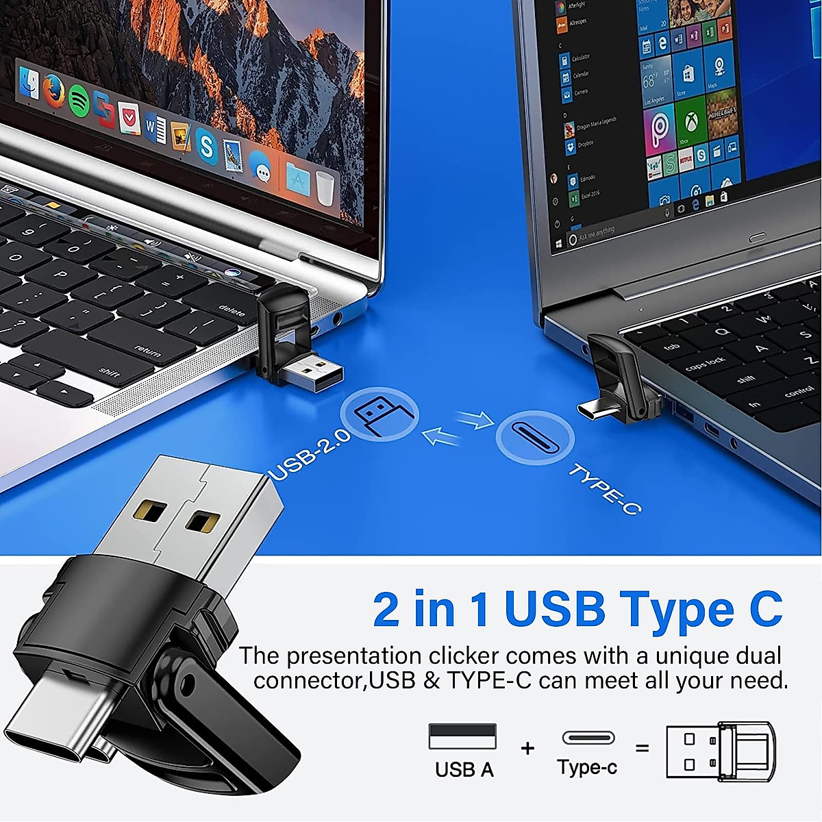 2-in-1 USB Type C Presentation Clicker, Clicker for PowerPoint Presentations, Rechargeable Wireless Presenter Remote, Pointer RF 2.4GHz USB PowerPoint Clicker Slide Advancer with Volume Control