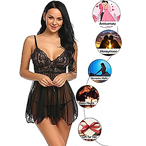 Avidlove Women Babydoll Set Mesh Lingerie Strap Chemise Lace Sleepwear Outfits Black Small
