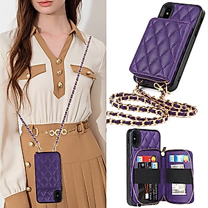 ShunJieTech for iPhone Xs Max Case,for iPhone XSMax Wallet Case with Card Holder,Crossbody Chain Purse Wrist Handbag Strap Leather Cover Case [Card Slots][Coin Zipper Pocket](6.5")-Purple