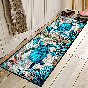 Coastal Runner Rug for Hallway 2x6 Sea Turtle Hallway Rugs Nautical Throw Rug Blue Turtles Beach Ocean Life Teal Marine Animal Area Rug Non-Slip Floor Carpet for Bedroom Entryway Door Mat Washable Rug
