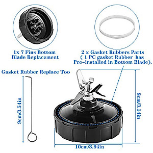 Ninja Blender Replacement Parts, Ninja Bottom Blade 7 Fins Replacement Extractor Blade Parts for Nutri Ninja Auto Iq Bl642 Nn102 Bl682 Bl2013 and More(1 Pack, 2 Gasket Rubber)
