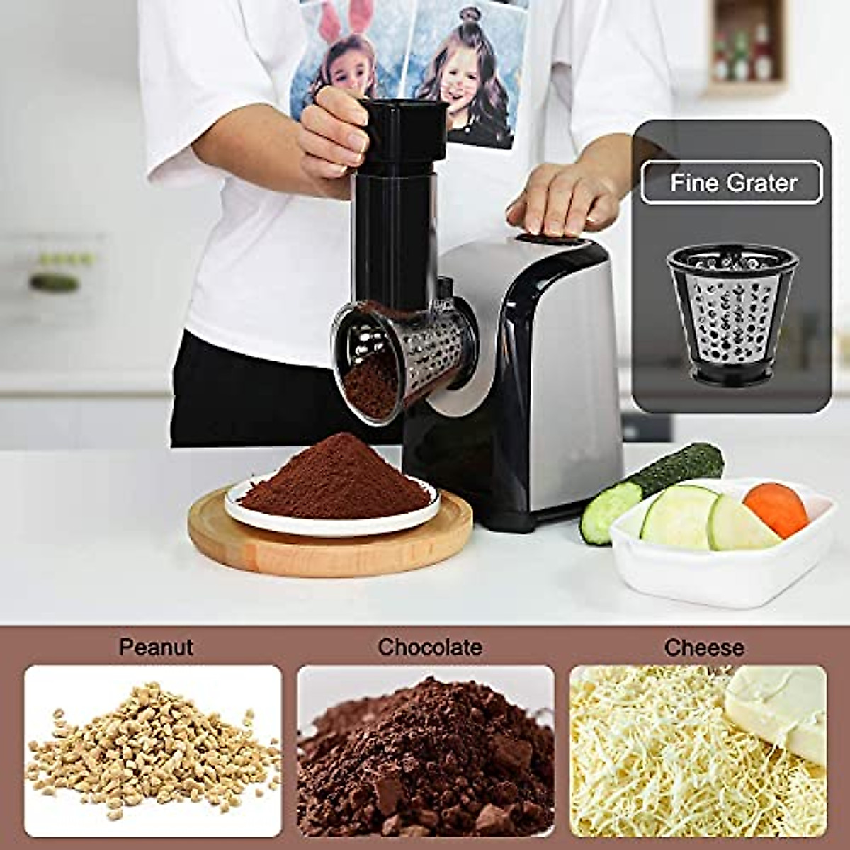 Electric Cheese Grater, Professional Salad Maker with 5 Stainless Steel Rotary Blades and One-Touch Control, 150W Electric Slicer Shredder Grater Vegetable Cutter for Fruit, Vegetables, Cheeses