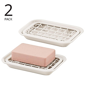 mDesign Metal 2-Piece Soap Dish Tray with Drainage Grid and Holder for Kitchen Sink Countertops to Store Soap, Sponges, Scrubbers - Rust Resistant - 2 Pack - Cream/Beige