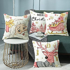 wyooxoo Christmas Pillow Covers 16x16 Inch Set of 4 Christmas Tree Reindeer Pink Decorations Throw Pillow Covers Winter Holiday Decor Linen Pillowcase for Sofa Couch Home Decor (16" x 16", Pink)