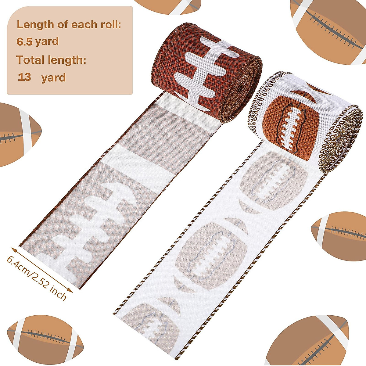 2 Rolls 13 Yards Football Wired Edge Ribbon, 2.5 Inch Brown White Burlap Homecoming Mum Ribbon for Football Sports Gift DIY Wrapping Floral Arrangement Craft Supplies