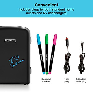 Iceman Mini Portable Board Personal Fridge, Cools & Heats, 4 Liter Capacity, Chills 6 12oz, 100% Freon-Free & Eco Friendly, Includes Plugs for Home Outlet & 12V Car Charger, 6 Cans, Black Dry Erase