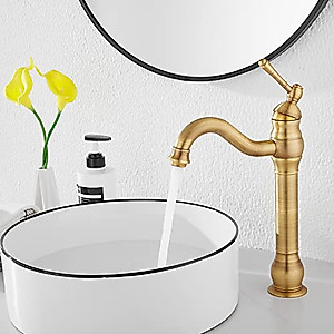 GGStudy 360° Swivel Antique Brass Bathroom Vessel Sink Faucet Single Handle One Hole Matching with Pop Up Drain