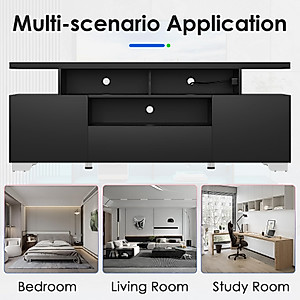 Modern TV Stand with Power Outlet, TV Console with LED Lights, TV Stand for 65 inch TV, Gaming Entertainment Center with Storage Cabinet and Large Storage, TV Stands for Living Room, Bedroom, Black
