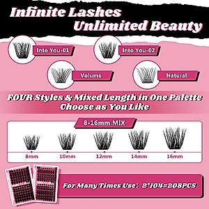 PRO DIY Lash Extension Kit 4 Styles Mixed Lash Extension Kit Lash Clusters Kit with 208 Pcs Cluster Lashes Lash Bond and Seal Lash Remover Eyelash Applicator for Beginner (4 Styles Mix-A)