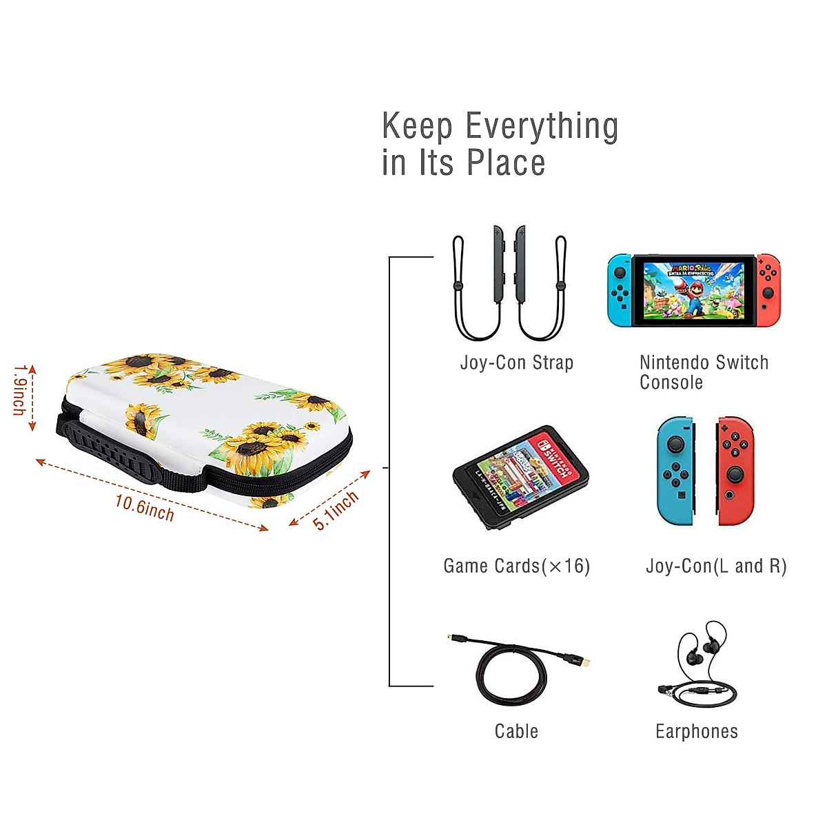 Lokigo Carry Case Compatible for Nintendo Switch/Switch OLED, Protective Travel Switch Carrying Case for Boys Girls with 16 Game Card Slots for Console & Accessories, Sunflower